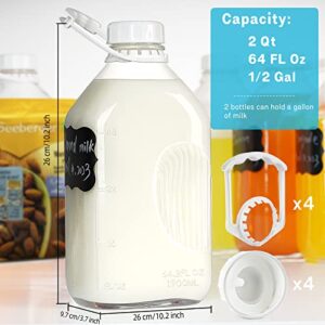 1/2 Gal Heavy Duty Glass Milk Bottle with Strong REUSABLE AIRTIGHT SCREW Lid - 2 Qt Glass Water Bottles - Glass Bottles with 8 Lids AND 8 Handles! - Glass Milk Jug Pitcher with 2 Exact Scale Lines