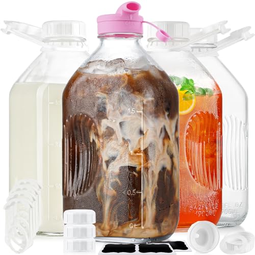 1/2 Gal Heavy Duty Glass Milk Bottle with Strong REUSABLE AIRTIGHT SCREW Lid - 2 Qt Glass Water Bottles - Glass Bottles with 8 Lids AND 8 Handles! - Glass Milk Jug Pitcher with 2 Exact Scale Lines