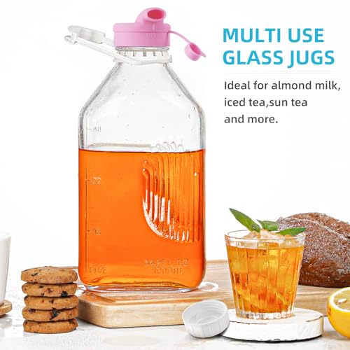 1/2 Gal Heavy Duty Glass Milk Bottle with Strong REUSABLE AIRTIGHT SCREW Lid - 2 Qt Glass Water Bottles - Glass Bottles with 8 Lids AND 8 Handles! - Glass Milk Jug Pitcher with 2 Exact Scale Lines