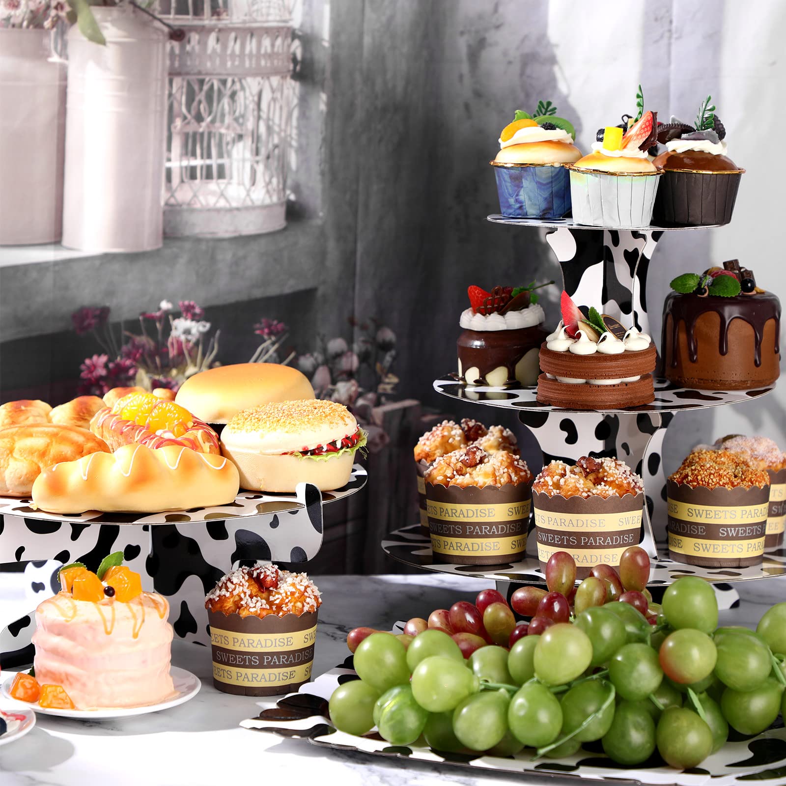 7 Pieces Cow Print Cupcake Stand Set Cow Print Party Supplies 3-Tier Cardboard Cupcake Stand Round Dessert Cake Stand Cow Cupcake Holders Rectangle Serving Tray Cow Party Decorations