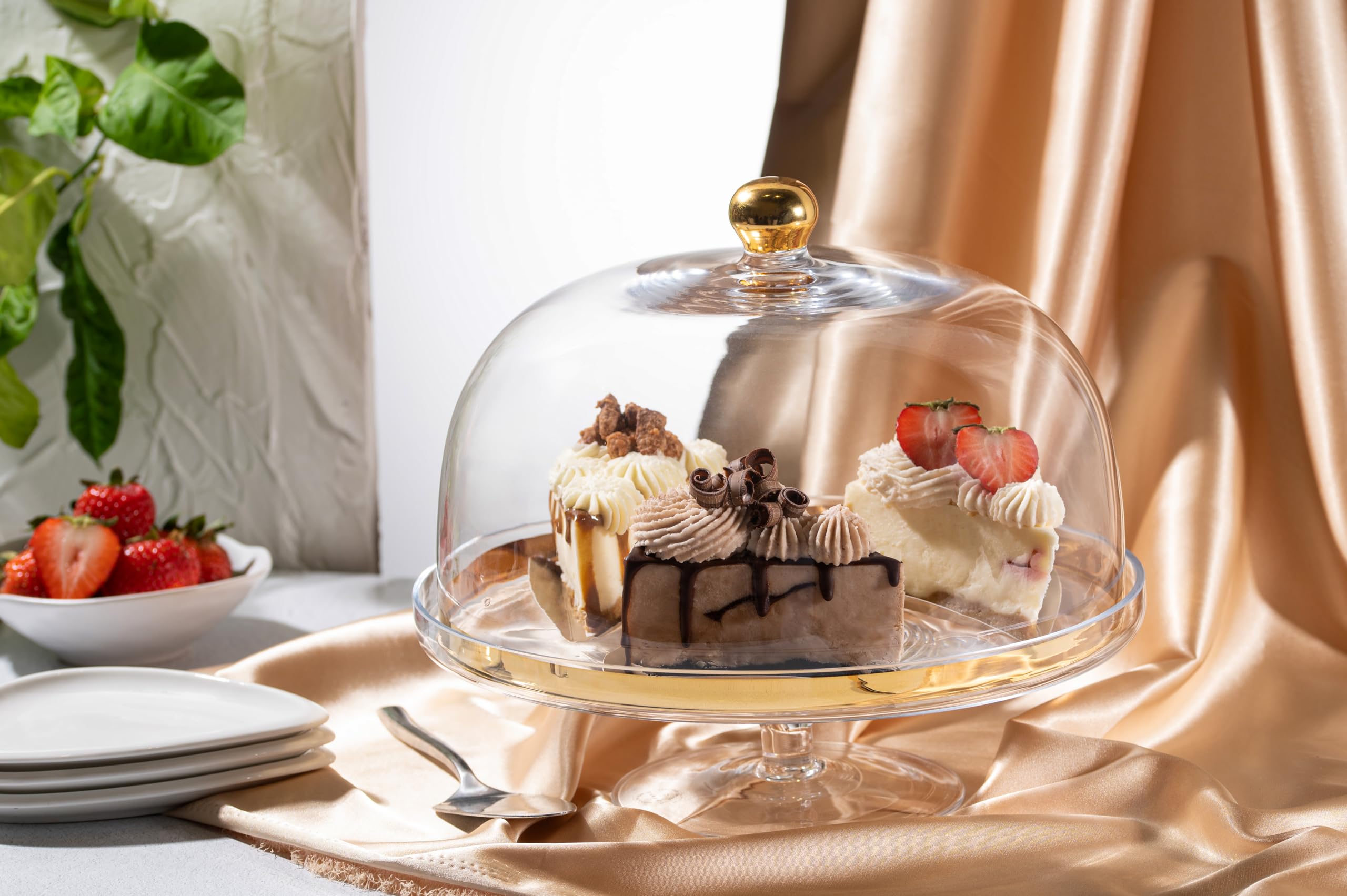 Glass - Cake Dome - with - Gold Rim - and - Gold Knob - for Cake - Fruit - Cheese - 11.75" Diameter - Made in Europe - by Barski