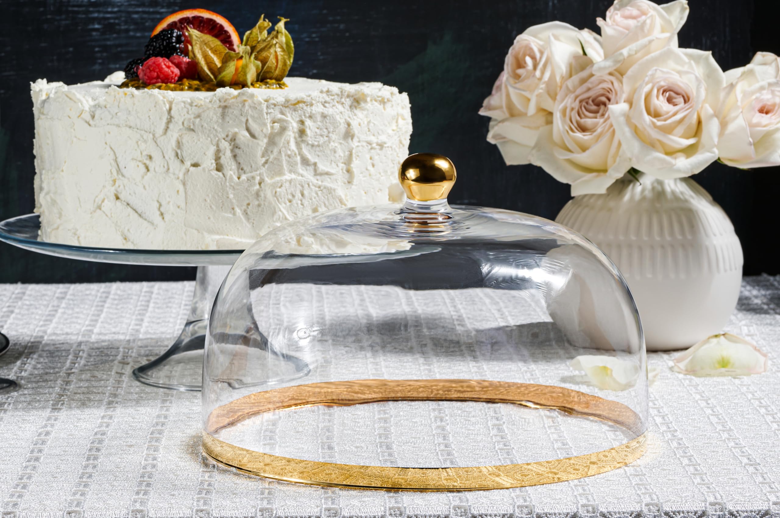 Glass - Cake Dome - with - Gold Rim - and - Gold Knob - for Cake - Fruit - Cheese - 11.75" Diameter - Made in Europe - by Barski