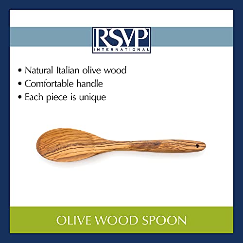 RSVP International Olive Wood Spoon, 12" | Rustic, Natural Authentic Italian Olive Wood | Classic Style for Kitchens, Tables, & More | Functional for Serving Vegetables, Stirring Pasta