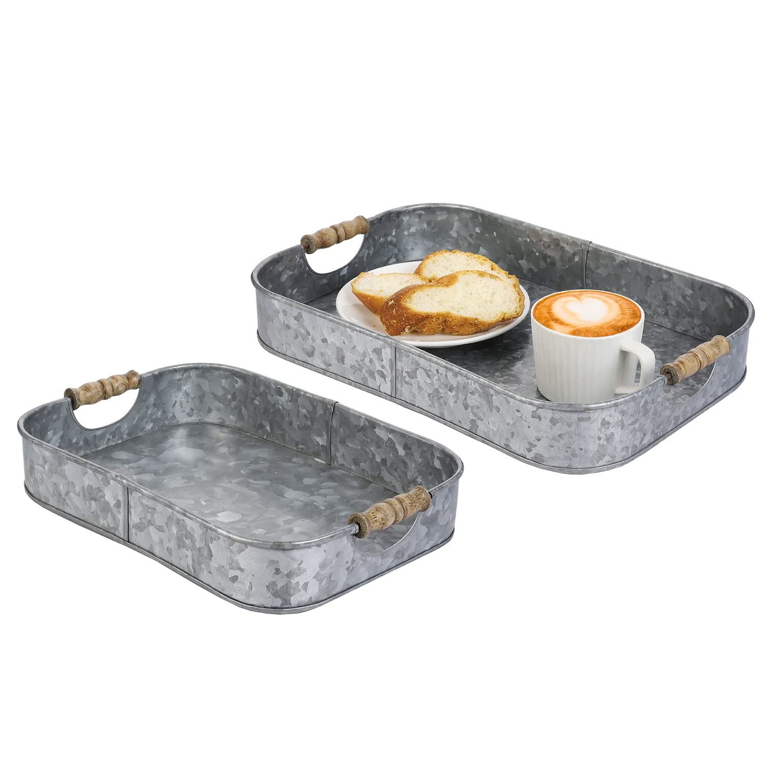 MyGift Rustic Galvanized Metal Decorative Tray with Wood Handles, Rectangular Nesting Serving Trays, Set of 2 - Handcrafted in India