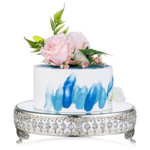 wedding metal cake display stand with mirror top plate 12 inches diameter beaded crystal metal cake pedestal, snack tray, baking party supplies centerpiece