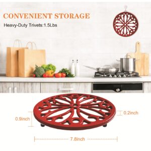 Trivet 7.8 Inch, Cast Iron Trivet with Rubber Pegs/Feet Non-Slip, Rustic Trivets for Hot Pots and Pans, Decorative Kitchen Trivet Mats Hot Pads Pot Coasters(2 Pack) (Red) (RED)