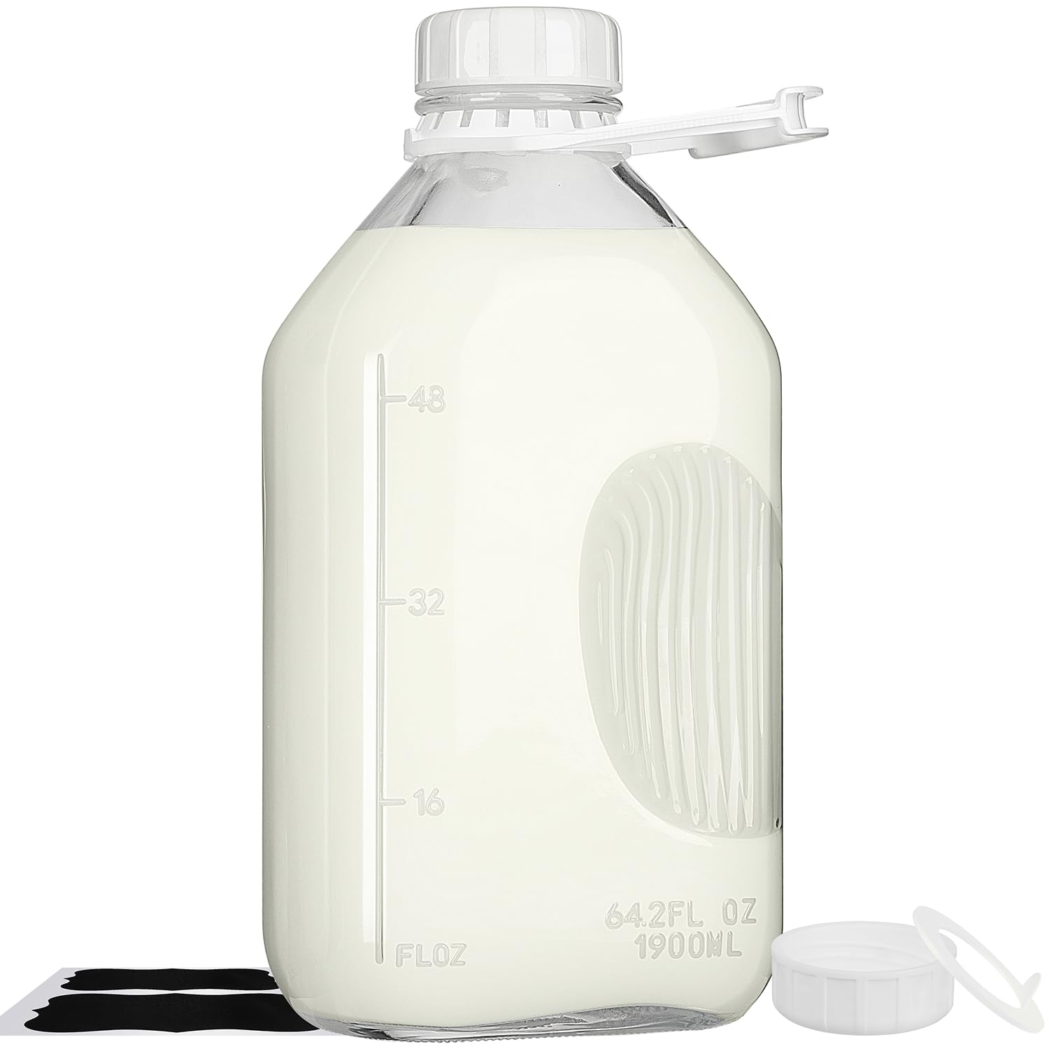 2 Qt Glass Milk Bottle with Reusable Strong Airtight SCREW LID, 64 Oz Glass Juice Bottles for Almond Milk, Oat Milk - 0.5 Gal Glass Water Bottle with 2 Exact Scale Lines, Extra Handle AND Cap！