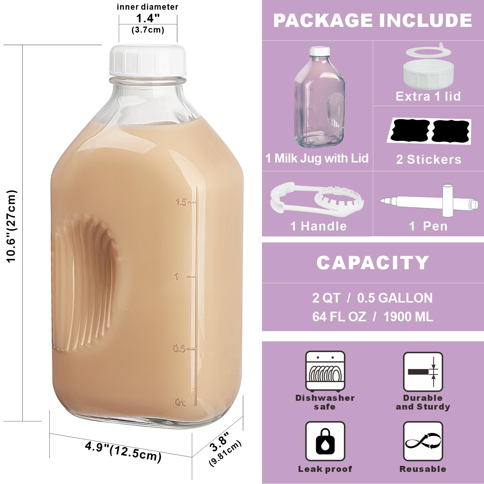 2 Qt Glass Milk Bottle with Reusable Strong Airtight SCREW LID, 64 Oz Glass Juice Bottles for Almond Milk, Oat Milk - 0.5 Gal Glass Water Bottle with 2 Exact Scale Lines, Extra Handle AND Cap！