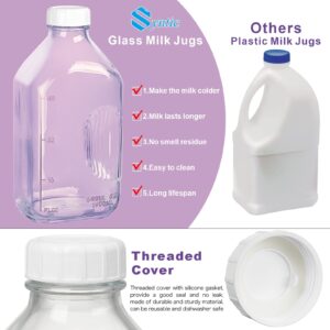 2 Qt Glass Milk Bottle with Reusable Strong Airtight SCREW LID, 64 Oz Glass Juice Bottles for Almond Milk, Oat Milk - 0.5 Gal Glass Water Bottle with 2 Exact Scale Lines, Extra Handle AND Cap！