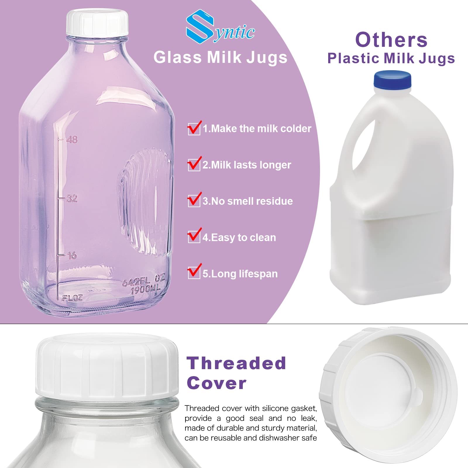 2 Qt Glass Milk Bottle with Reusable Strong Airtight SCREW LID, 64 Oz Glass Juice Bottles for Almond Milk, Oat Milk - 0.5 Gal Glass Water Bottle with 2 Exact Scale Lines, Extra Handle AND Cap！