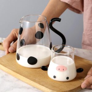 Cow Glass Water Pitcher With Glass Cup, Cute Cow Glass Carafe Set With Glass Mug Cow Glass Tea Pitcher Kettle Milk Jug Water Carafe For Midnight Drink (550ml)