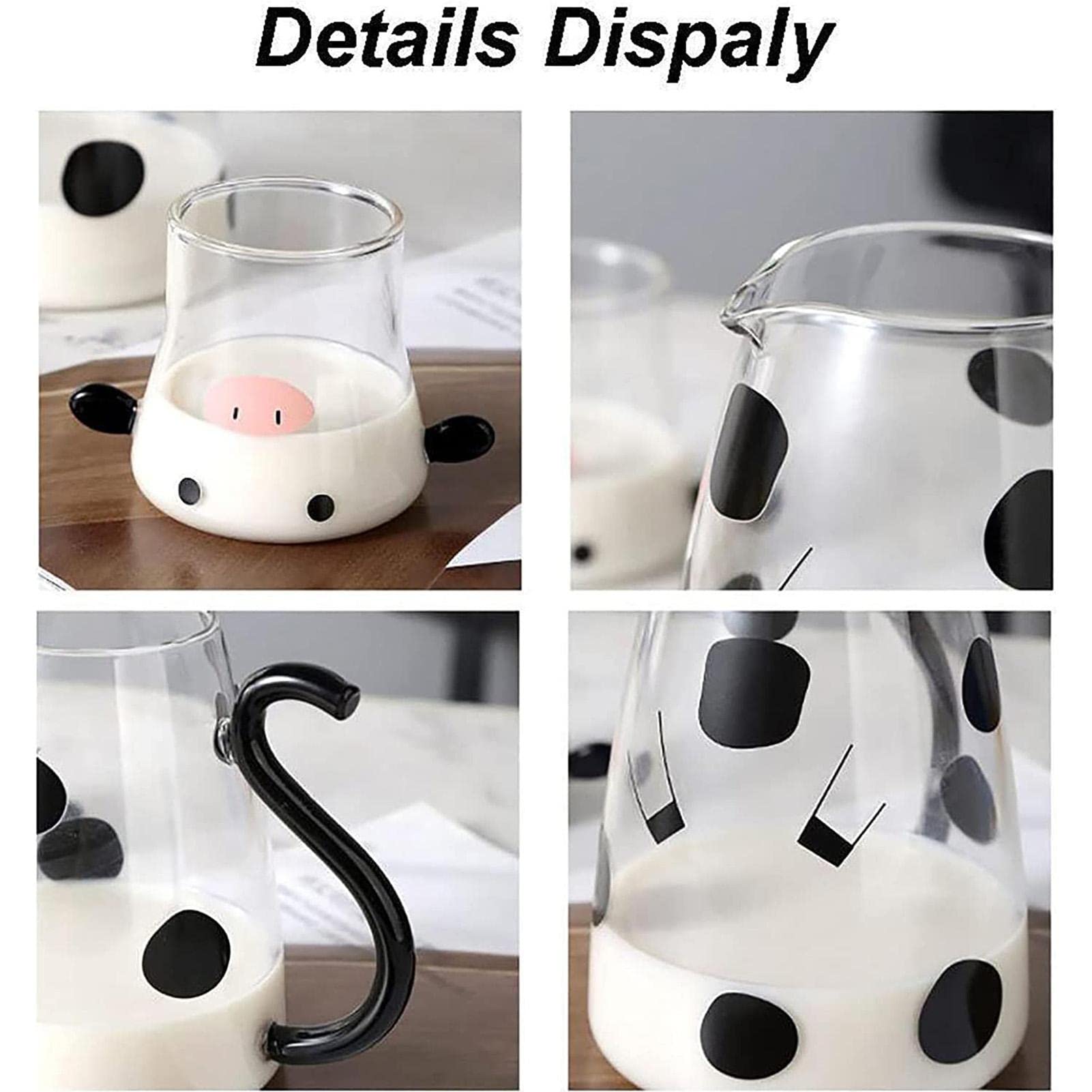 Cow Glass Water Pitcher With Glass Cup, Cute Cow Glass Carafe Set With Glass Mug Cow Glass Tea Pitcher Kettle Milk Jug Water Carafe For Midnight Drink (550ml)