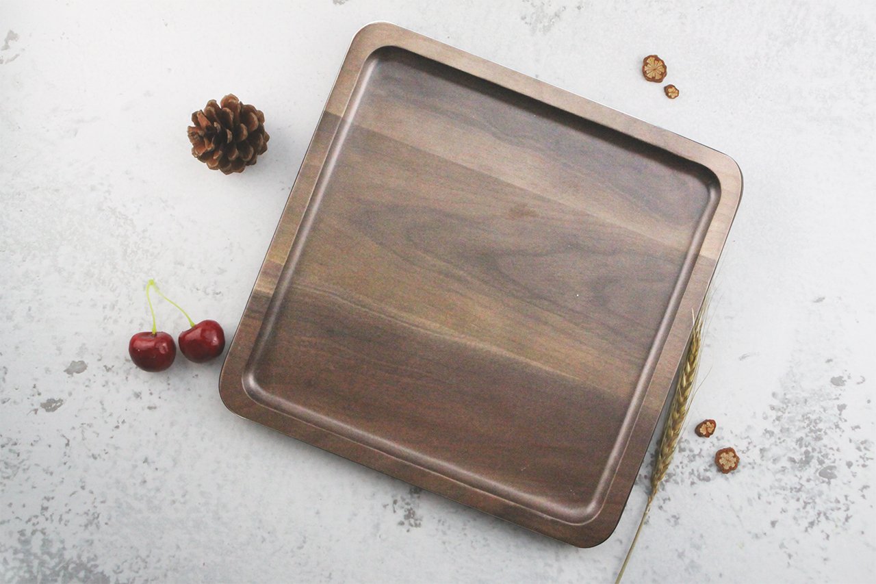 Rustic Walnut Wooden Tray Solid Wood Serving Tray Square Rectangle Platter Tea Tray Coffee Table Tray (Large Square with Grooves（11x11x1inch）)