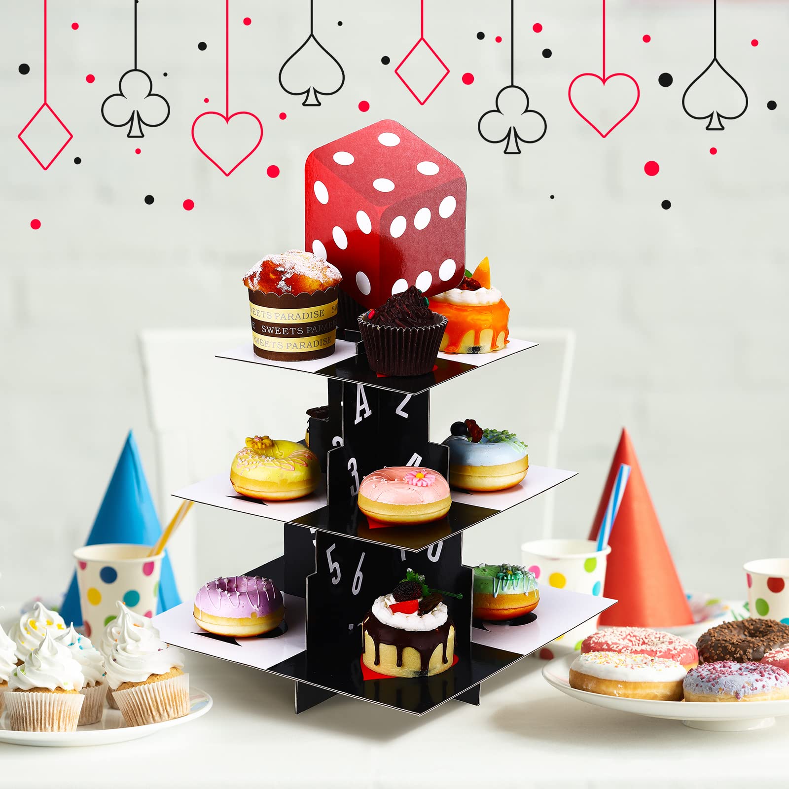 Ramede 2 Pcs Casino Theme Cupcake Stand Casino Party Decoration Cake Dessert Snacks Food Serving Tiered Tray Display 3 Tier Cupcake Holder Square Paper Tower Table Decor for Game Night Party Birthday