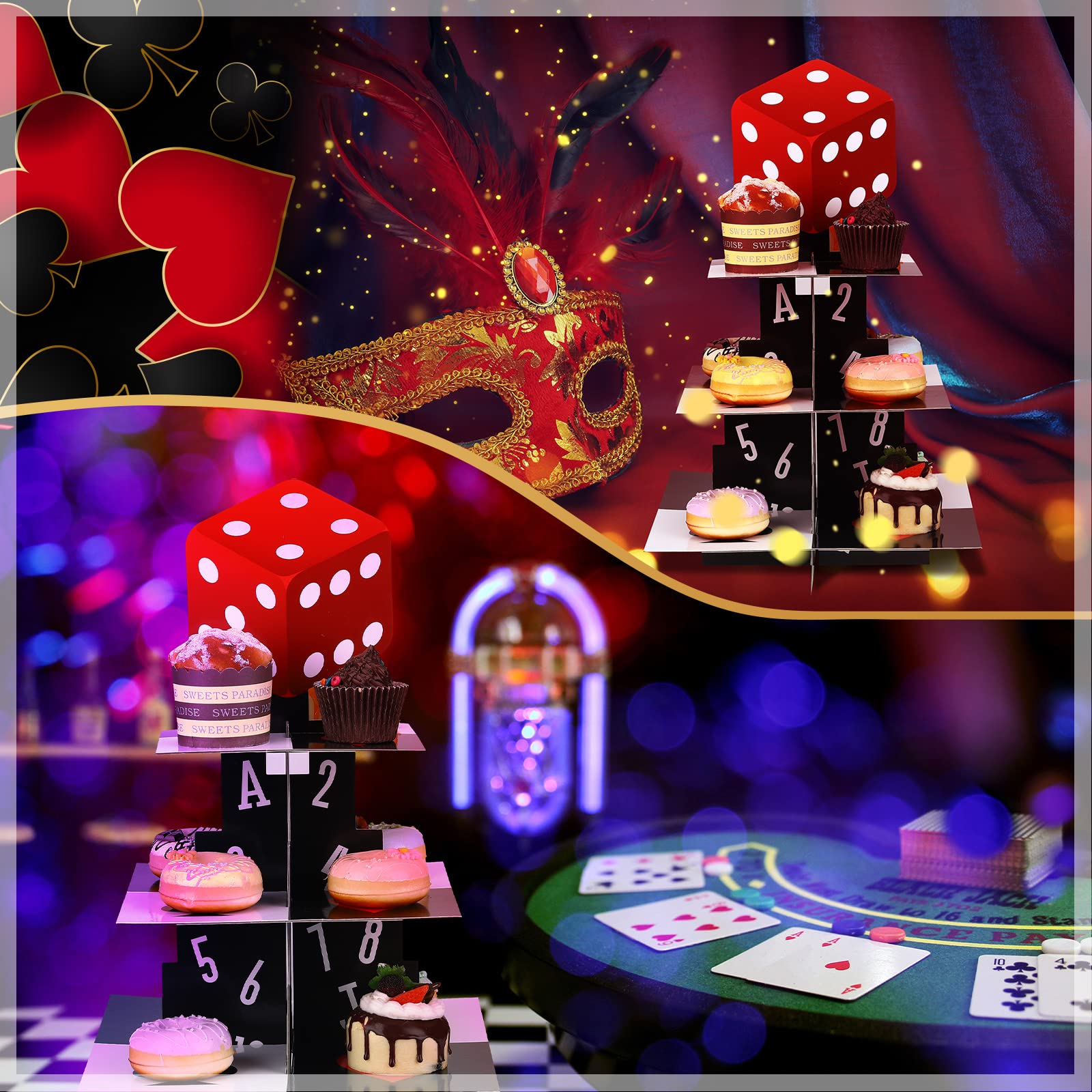 Ramede 2 Pcs Casino Theme Cupcake Stand Casino Party Decoration Cake Dessert Snacks Food Serving Tiered Tray Display 3 Tier Cupcake Holder Square Paper Tower Table Decor for Game Night Party Birthday