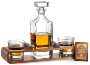 rocksly whiskey stones gift set for men | whiskey decanter set with wood stand | bourbon decanter with scotch glasses, 8 granite whiskey stones| ideal for whiskey lovers | gift set for dad, boyfriend