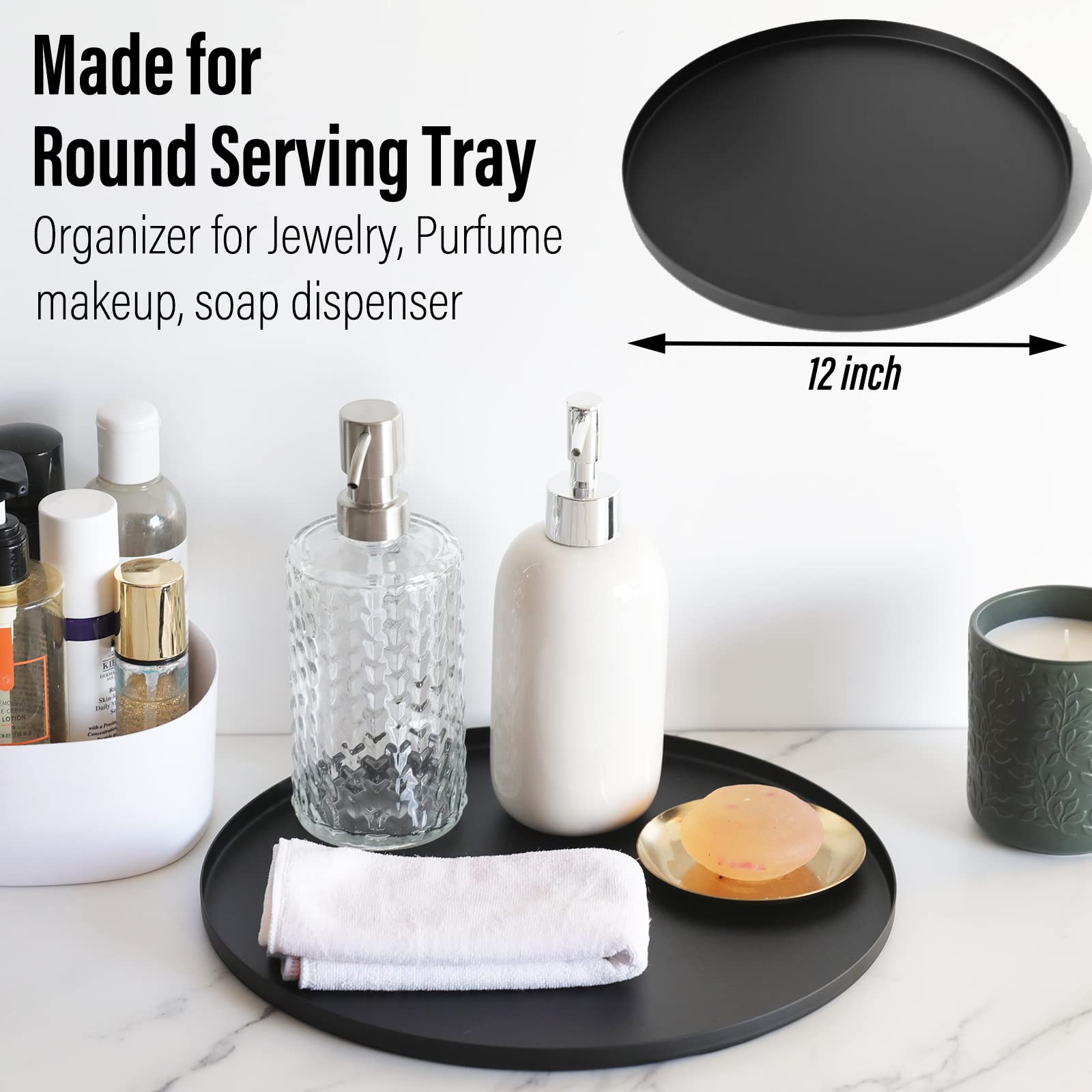 FREELOVE Circle Tray Serving Platter, Metal Decorative Tray for Vanity Counter Kitchen Bar Dining Centerpiece Top Decoration Food Display Jewelry Plate, Matte Black, L 12 x W 12 x H 0.4 inch