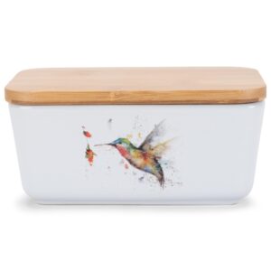 nat & jules dean crouser ceramic stoneware 1/2 pound 2 sticks butter dish airtight bamboo lid kitchen accessory, container holder, refrigerator storage, countertop organization, watercolor hummingbird