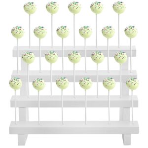 WUWEOT Cake Pop Stand Riser, 22 Holes Wooden Lollipop Holder, 4 Tier White Candy Sucker Display Shelf for Dessert Table of Wedding, Shower, Birthday Party