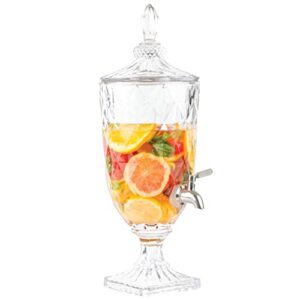 3.2 quart glass iced beverage dispenser with stainless steel spigot on glass pedestal, decorative mason drink dispenser for parties, sun tea, iced tea, water or kombucha - 3 liter