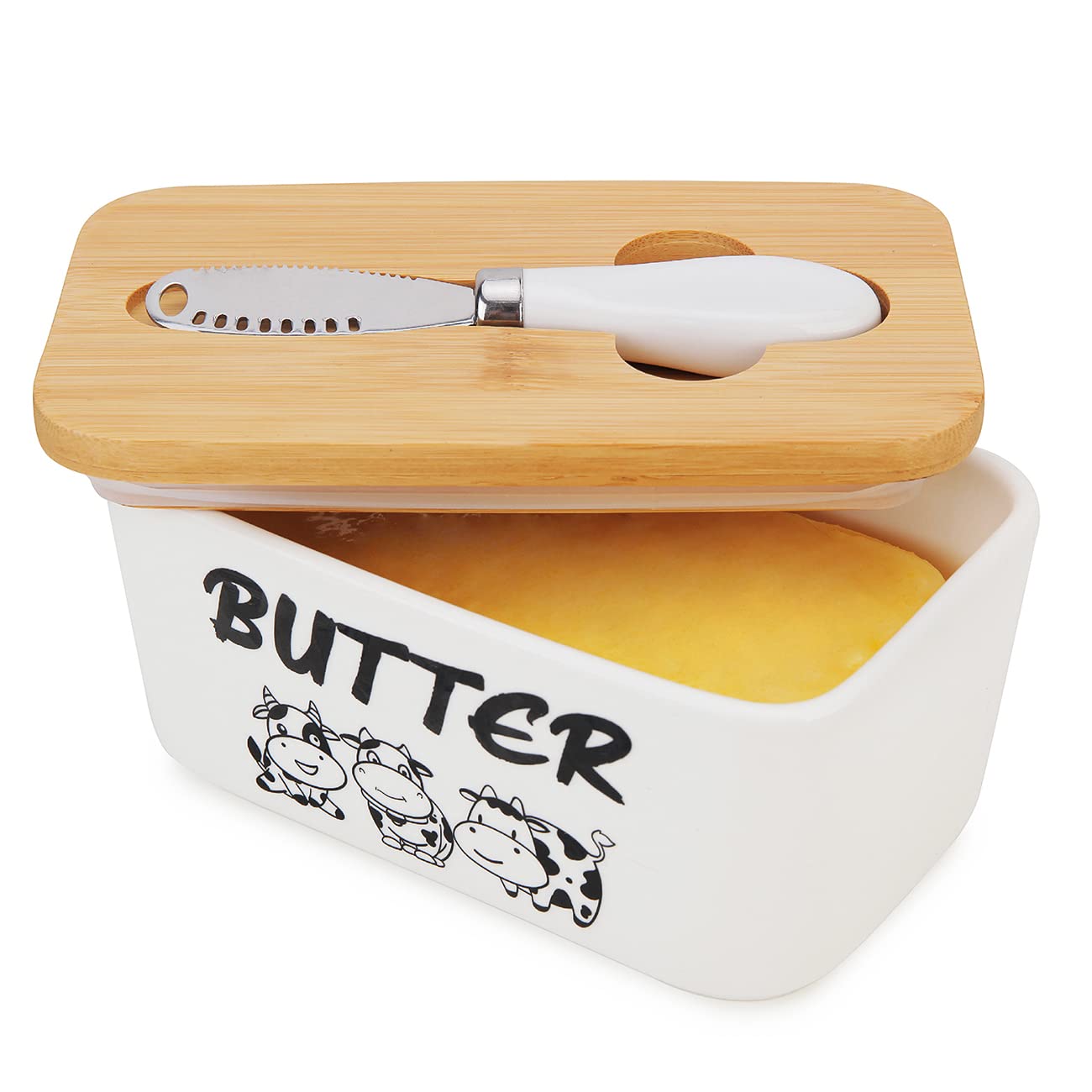 Butter Dish with Lid, Kitchenexus Ceramic Butter Keeper with Bamboo Cover & Butter Knife Spreader, Porcelain Butter Bowl Holder Container Perfect for Butter West or East Coast Butter