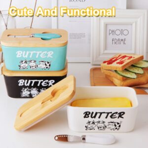 Butter Dish with Lid, Kitchenexus Ceramic Butter Keeper with Bamboo Cover & Butter Knife Spreader, Porcelain Butter Bowl Holder Container Perfect for Butter West or East Coast Butter