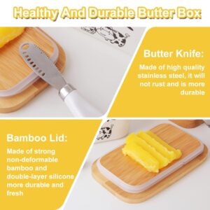 Butter Dish with Lid, Kitchenexus Ceramic Butter Keeper with Bamboo Cover & Butter Knife Spreader, Porcelain Butter Bowl Holder Container Perfect for Butter West or East Coast Butter