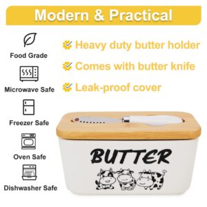 Butter Dish with Lid, Kitchenexus Ceramic Butter Keeper with Bamboo Cover & Butter Knife Spreader, Porcelain Butter Bowl Holder Container Perfect for Butter West or East Coast Butter