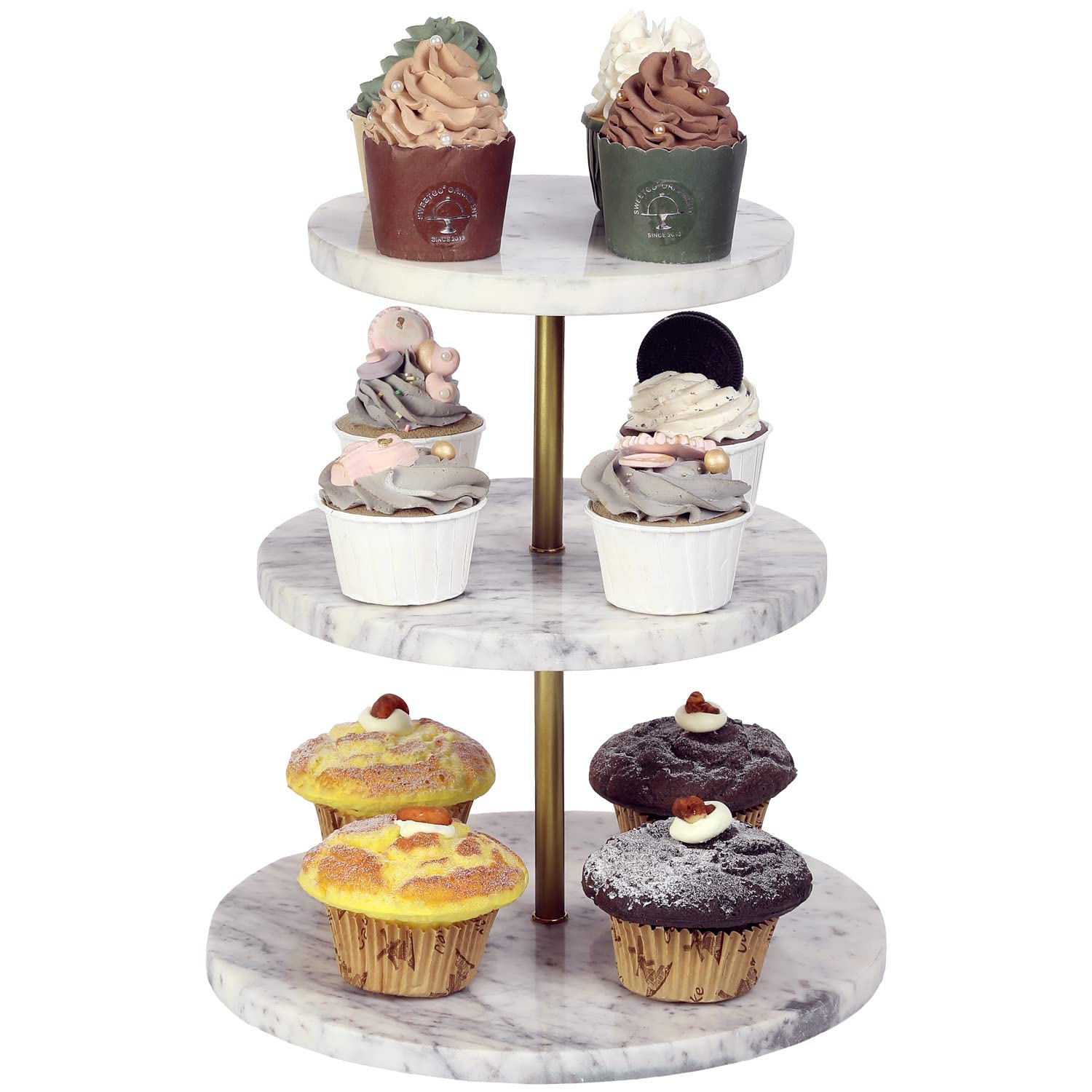 MyGift Modern Round Natural White Marble 3 Tier Cupcake Stand, Dessert Display Tower, Retail Riser Stand