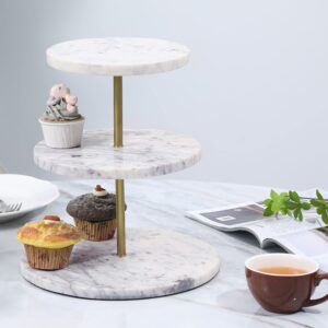 MyGift Modern Round Natural White Marble 3 Tier Cupcake Stand, Dessert Display Tower, Retail Riser Stand