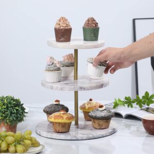 MyGift Modern Round Natural White Marble 3 Tier Cupcake Stand, Dessert Display Tower, Retail Riser Stand