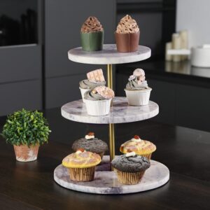 MyGift Modern Round Natural White Marble 3 Tier Cupcake Stand, Dessert Display Tower, Retail Riser Stand