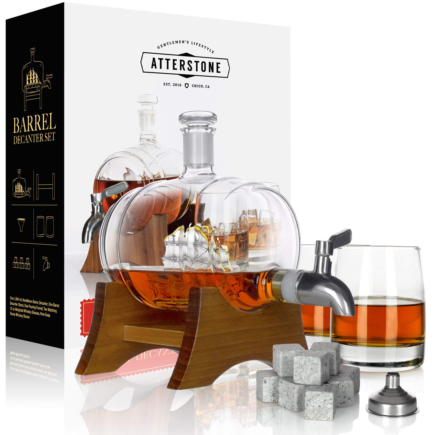 Atterstone Barrel Whiskey Decanter Set. Bourbon, Scotch, Brandy, Whisky Decanter Set. 2 Heavy Crystal Whiskey Glasses, 9 Chilling Whisky Stones & Funnel for Liquor - 1000ml Whiskey Barrel Decanter