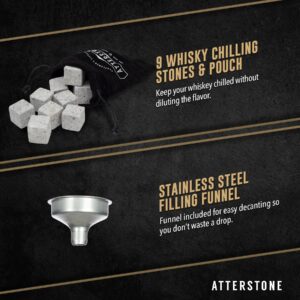 Atterstone Barrel Whiskey Decanter Set. Bourbon, Scotch, Brandy, Whisky Decanter Set. 2 Heavy Crystal Whiskey Glasses, 9 Chilling Whisky Stones & Funnel for Liquor - 1000ml Whiskey Barrel Decanter