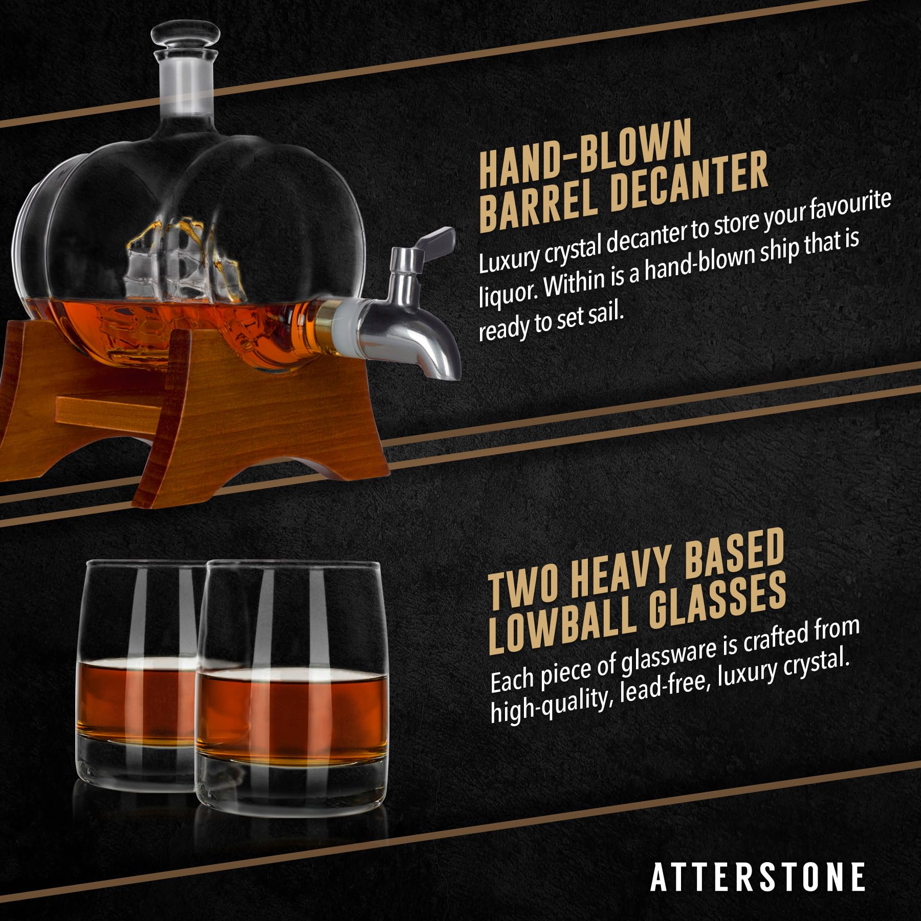 Atterstone Barrel Whiskey Decanter Set. Bourbon, Scotch, Brandy, Whisky Decanter Set. 2 Heavy Crystal Whiskey Glasses, 9 Chilling Whisky Stones & Funnel for Liquor - 1000ml Whiskey Barrel Decanter