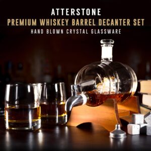 Atterstone Barrel Whiskey Decanter Set. Bourbon, Scotch, Brandy, Whisky Decanter Set. 2 Heavy Crystal Whiskey Glasses, 9 Chilling Whisky Stones & Funnel for Liquor - 1000ml Whiskey Barrel Decanter