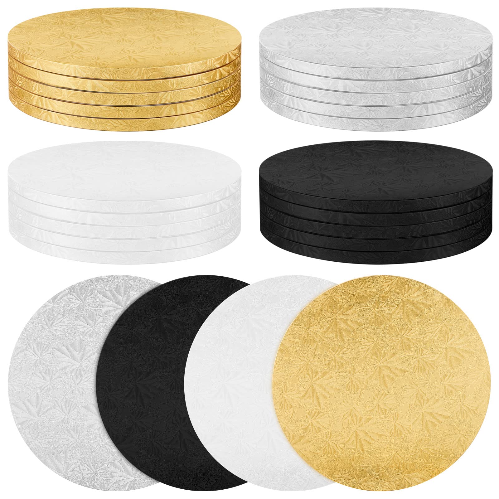 24 Pcs 10 Inch Round Cake Drums Wedding Cake Boards 1/2 Inch Thick Cake Rounds Cake Base Round Cake Circles Smooth Edge, Black, Gold, Silver, and White