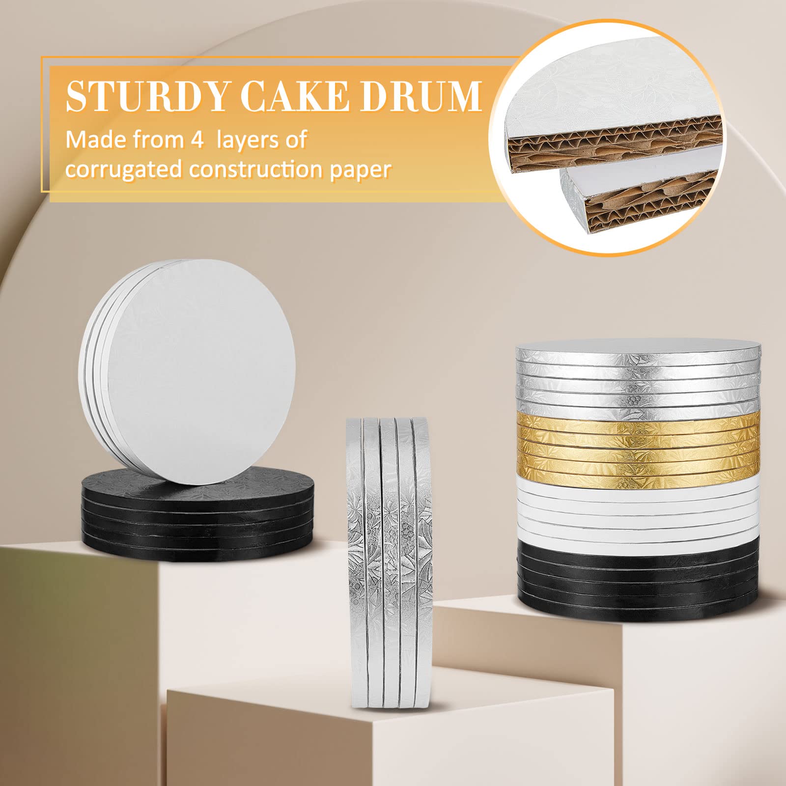 24 Pcs 10 Inch Round Cake Drums Wedding Cake Boards 1/2 Inch Thick Cake Rounds Cake Base Round Cake Circles Smooth Edge, Black, Gold, Silver, and White