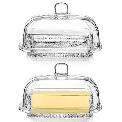 Lyellfe 2 Pack Glass Butter Dish, Food Grade Clear Butter Keeper with Lid, Crystal Rectangular Butter Container for Counter and Fridge, Lead-free, Dishwasher Safe