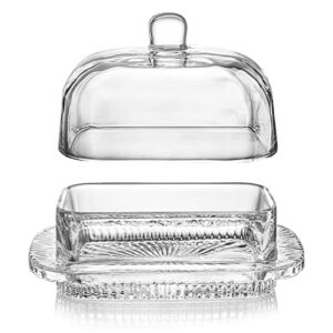 Lyellfe 2 Pack Glass Butter Dish, Food Grade Clear Butter Keeper with Lid, Crystal Rectangular Butter Container for Counter and Fridge, Lead-free, Dishwasher Safe