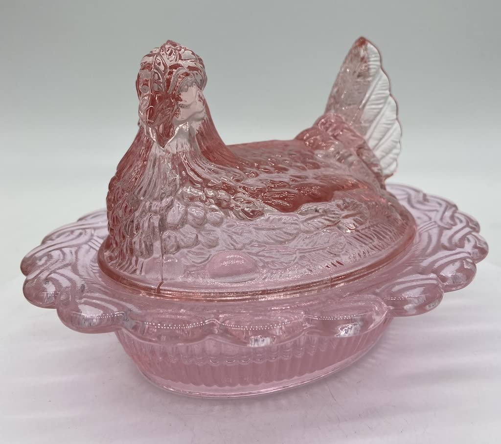 Covered Chicken Dish - Glass 2 Piece Hen on Wide Rim Base - Mosser USA (Pink)