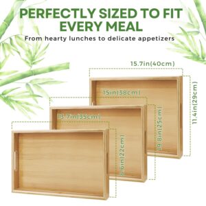 Flexzion Bamboo Trays for Serving Food - 3 Pack Bamboo Wooden Serving Trays with Handles - Rectangular Bamboo Food Tray Set (Large, Medium, Small) for Breakfast, Lunch, Dinner, Snack, Party, Bed