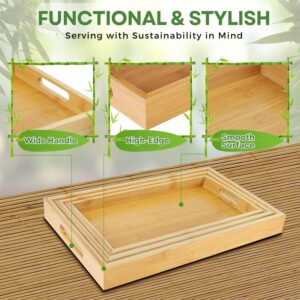 Flexzion Bamboo Trays for Serving Food - 3 Pack Bamboo Wooden Serving Trays with Handles - Rectangular Bamboo Food Tray Set (Large, Medium, Small) for Breakfast, Lunch, Dinner, Snack, Party, Bed