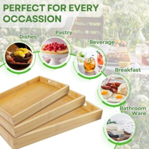 Flexzion Bamboo Trays for Serving Food - 3 Pack Bamboo Wooden Serving Trays with Handles - Rectangular Bamboo Food Tray Set (Large, Medium, Small) for Breakfast, Lunch, Dinner, Snack, Party, Bed