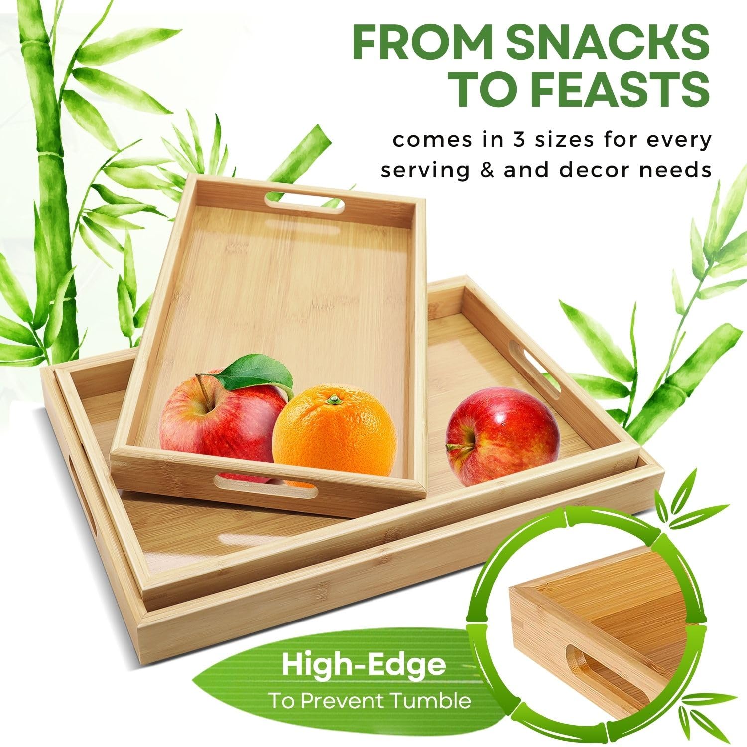 Flexzion Bamboo Trays for Serving Food - 3 Pack Bamboo Wooden Serving Trays with Handles - Rectangular Bamboo Food Tray Set (Large, Medium, Small) for Breakfast, Lunch, Dinner, Snack, Party, Bed