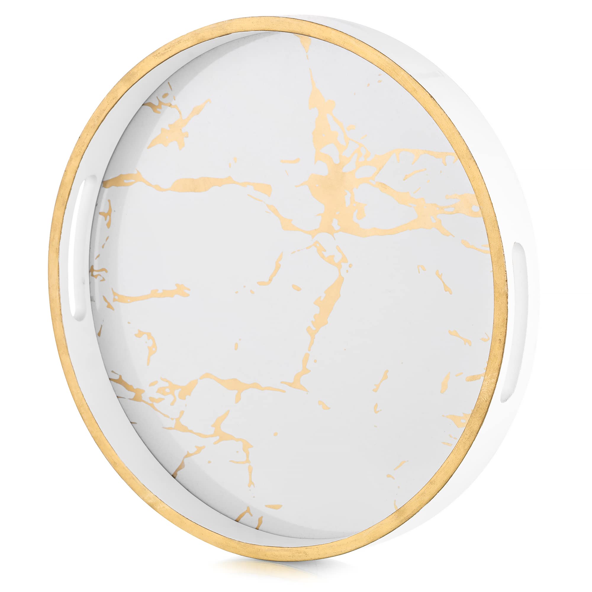 Hanobe Round Decorative Coffee Tray: Marble Pattern Serving Circle Tray with Handles Coffee Table Trays for Living Room Bar Drink Party Home Kitchen, White