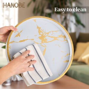 Hanobe Round Decorative Coffee Tray: Marble Pattern Serving Circle Tray with Handles Coffee Table Trays for Living Room Bar Drink Party Home Kitchen, White