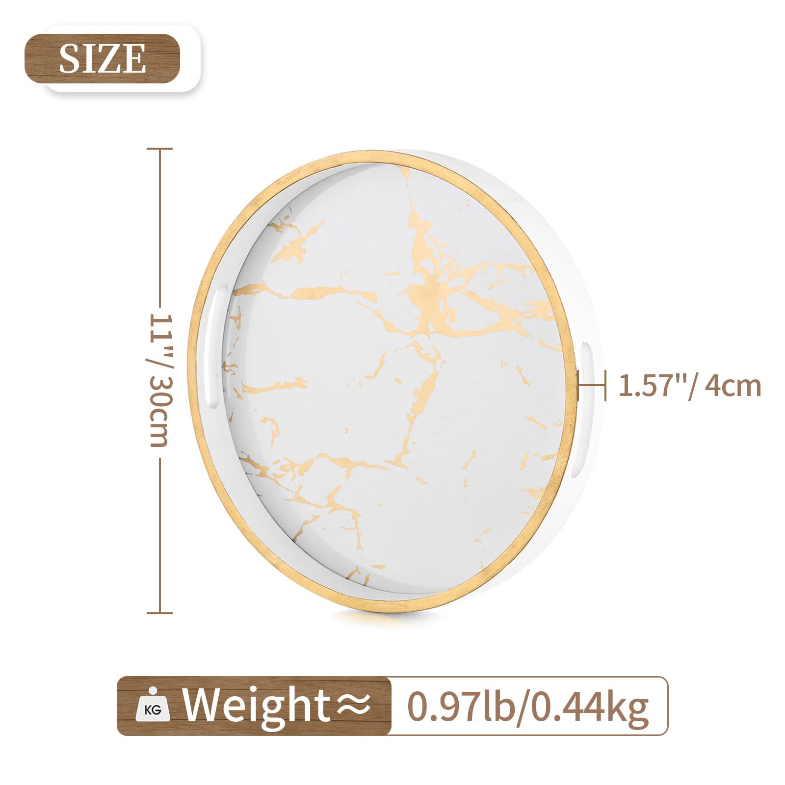 Hanobe Round Decorative Coffee Tray: Marble Pattern Serving Circle Tray with Handles Coffee Table Trays for Living Room Bar Drink Party Home Kitchen, White