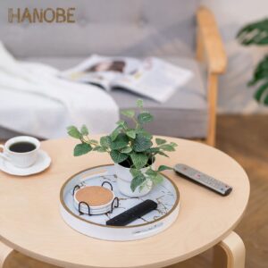 Hanobe Round Decorative Coffee Tray: Marble Pattern Serving Circle Tray with Handles Coffee Table Trays for Living Room Bar Drink Party Home Kitchen, White