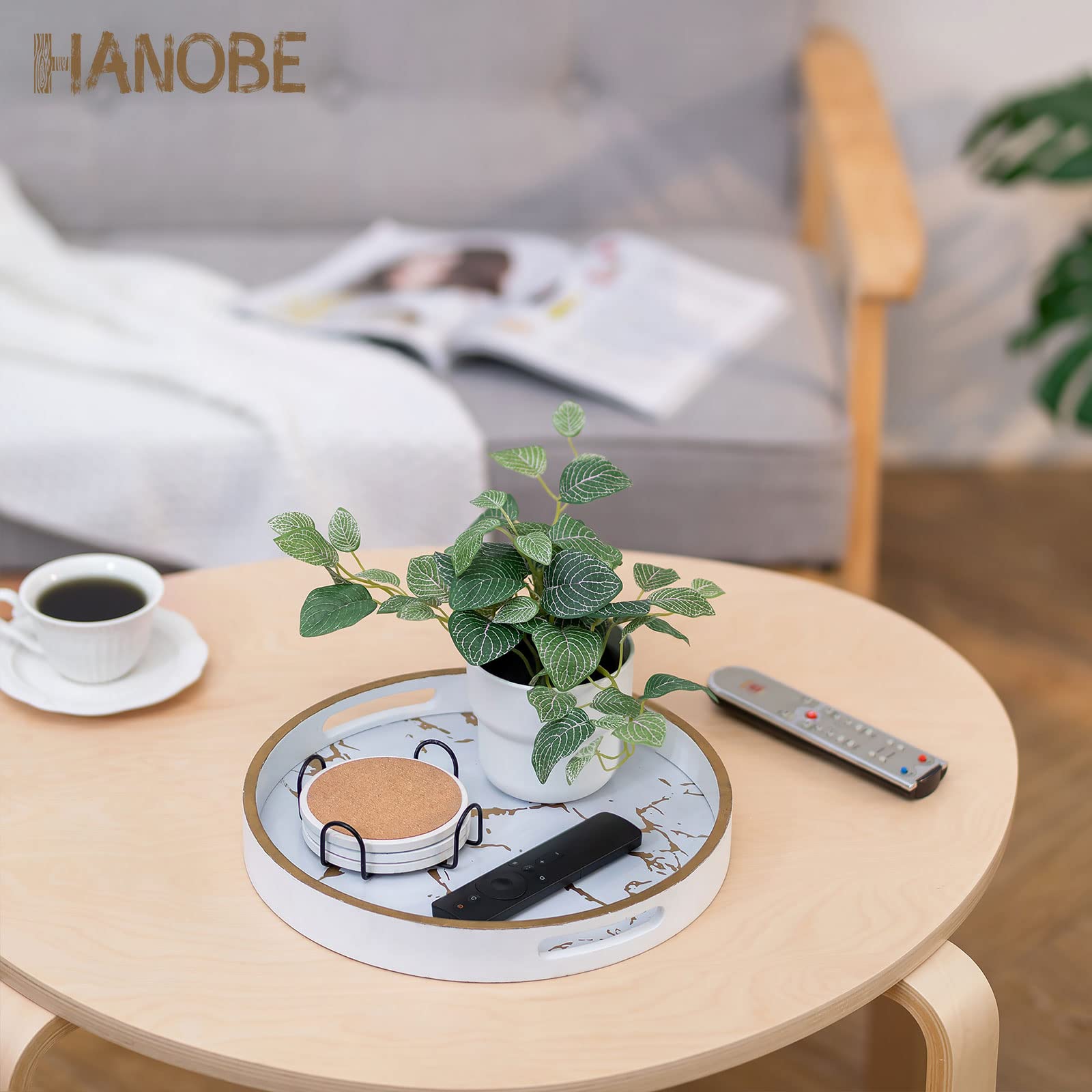 Hanobe Round Decorative Coffee Tray: Marble Pattern Serving Circle Tray with Handles Coffee Table Trays for Living Room Bar Drink Party Home Kitchen, White